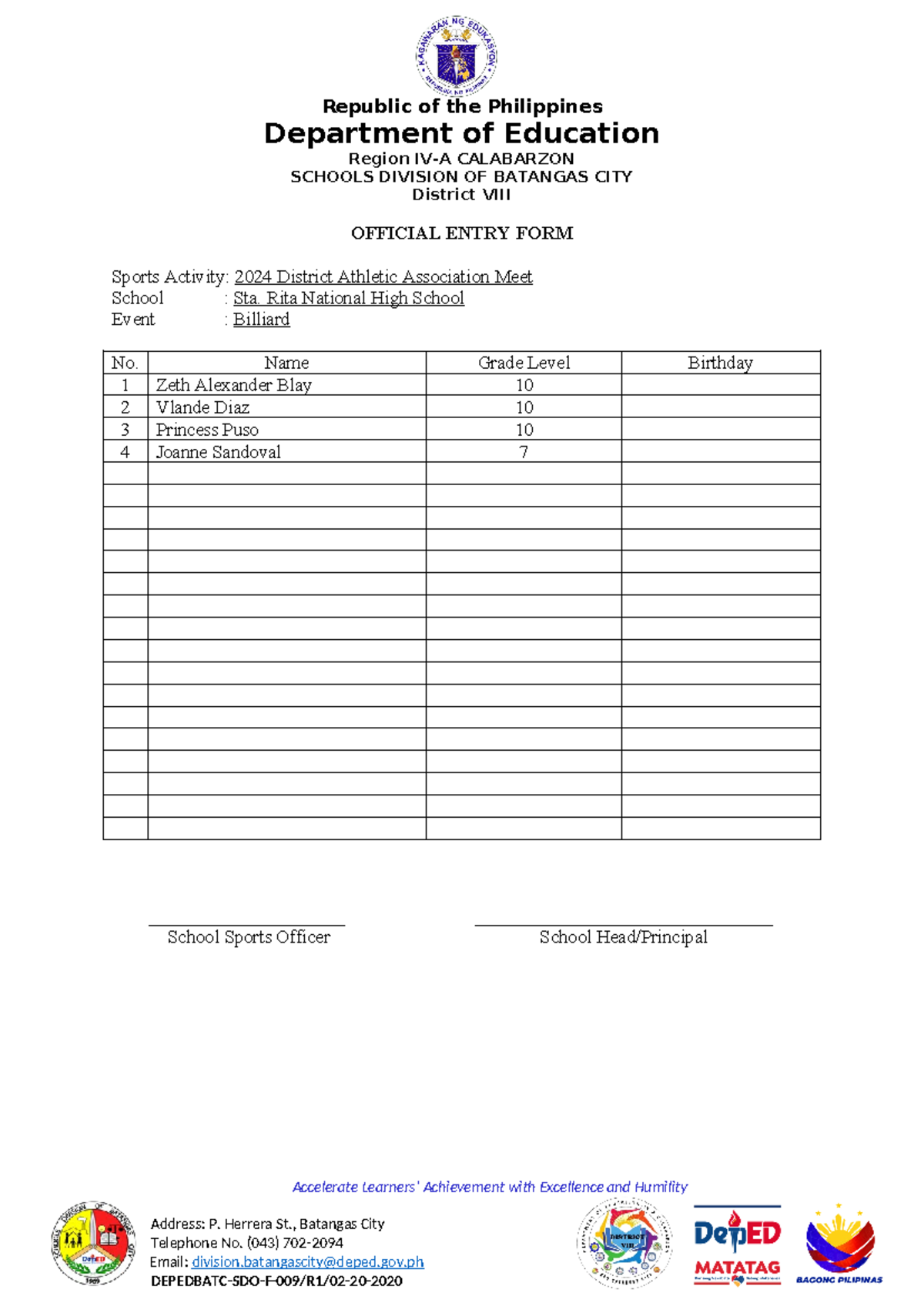 Sports Entry Forms 2024 2025 - Republic of the Philippines Department ...