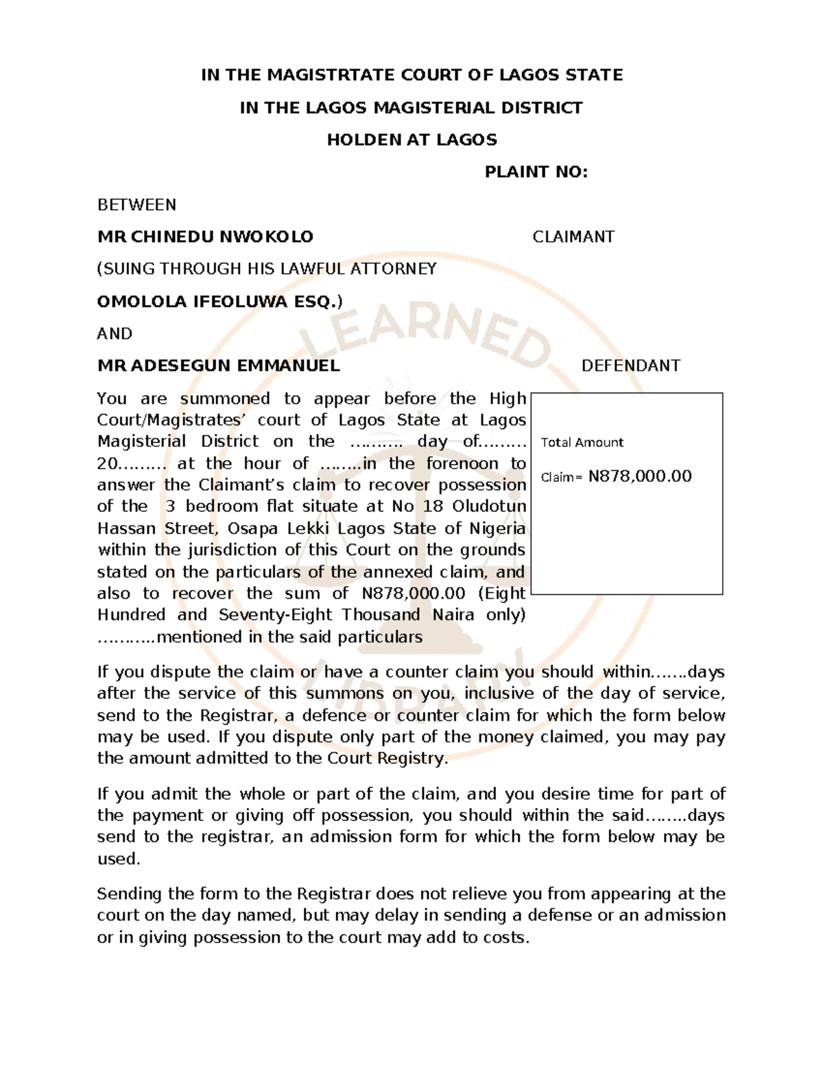 Plaint FOR Recovery OF Premise Lagos Magistrate Court - IN THE ...