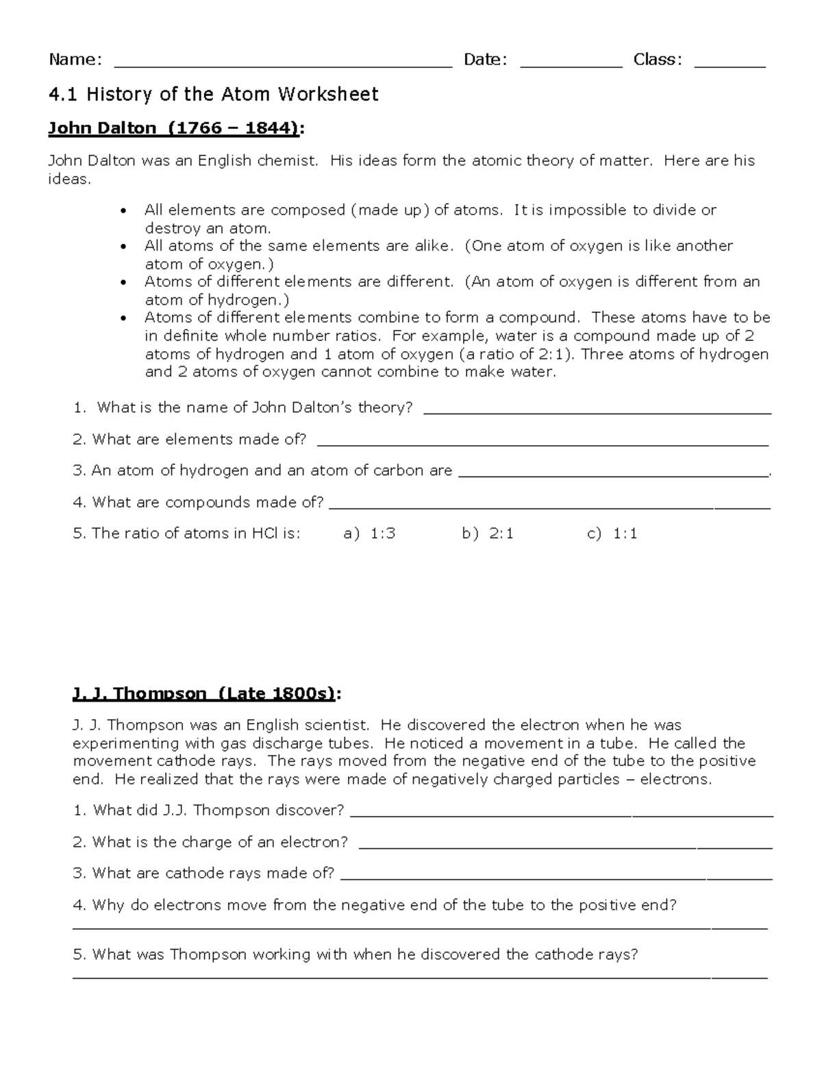 4.1 History of Atom - Many practice Questions Compiled in one - Name ...
