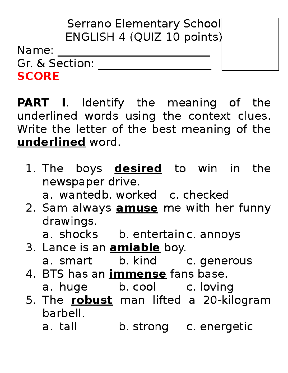 English 4 fisrt quiz - Serrano Elementary School ENGLISH 4 (QUIZ 10 ...