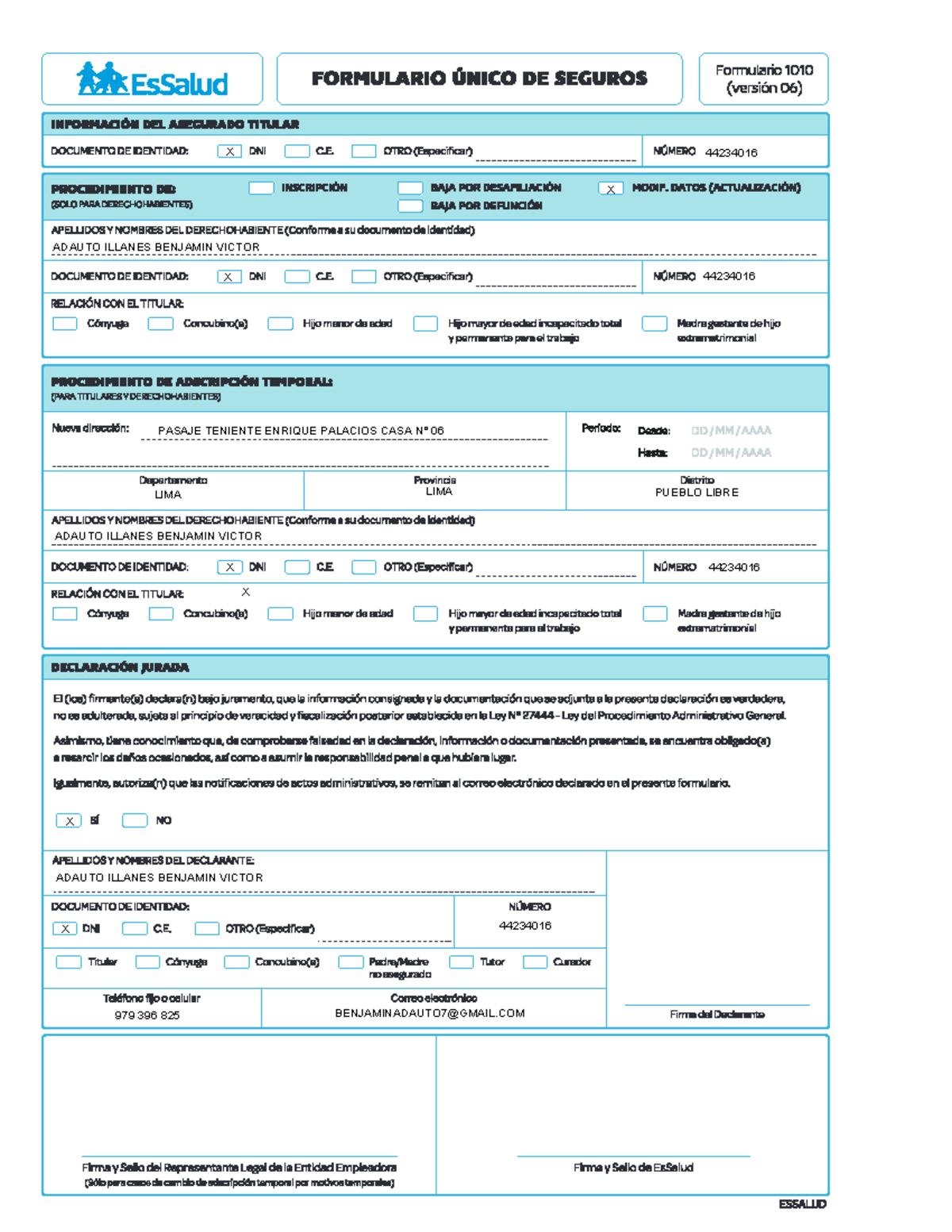 Formulario Es Salud 1010 (1)-9-1-23 - FORM UNI FUR-1010 - ADAUTO ILLANES BENJAMIN VICTOR X ...
