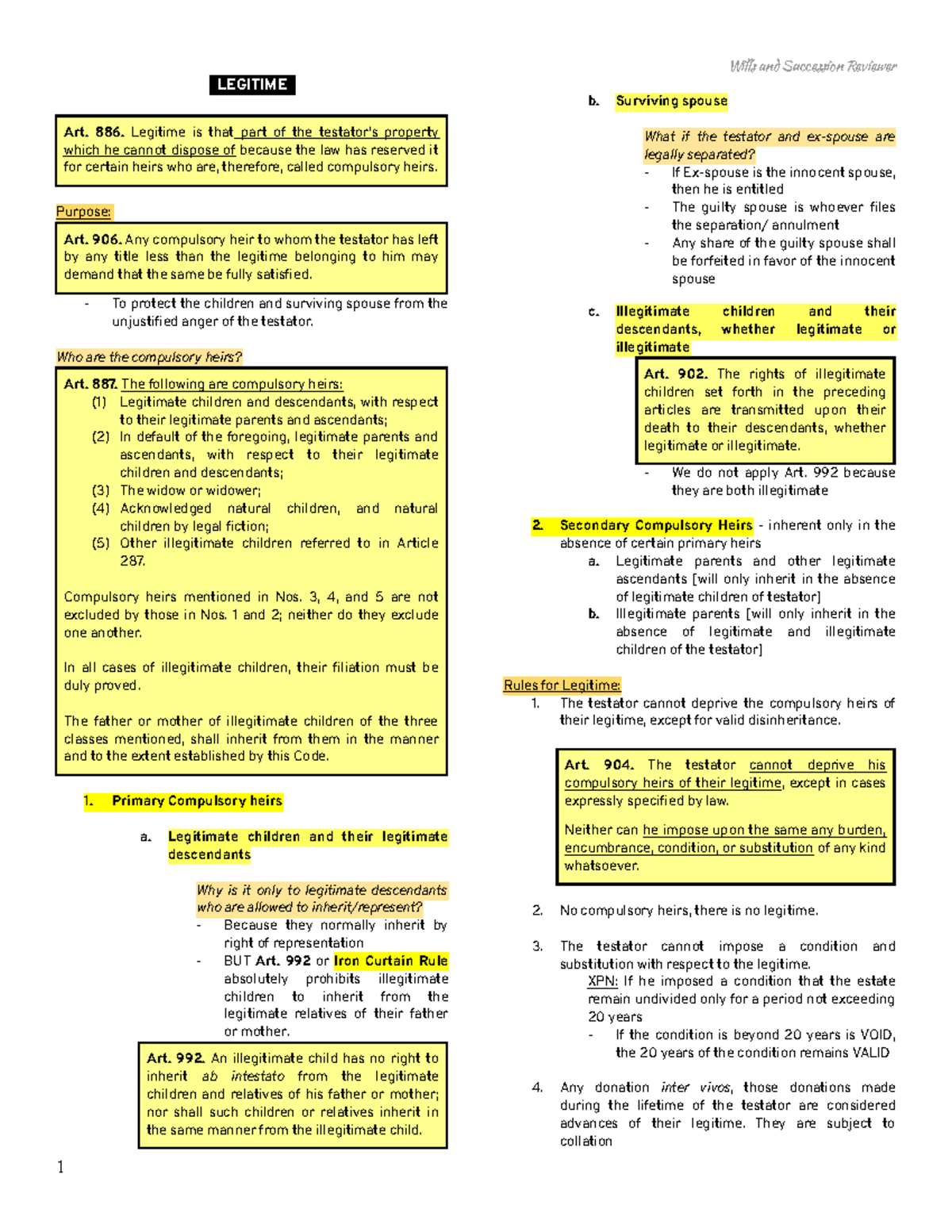 Wills Reviewer 4 - LEGITIME Art. 886. Legitime is that part of the ...