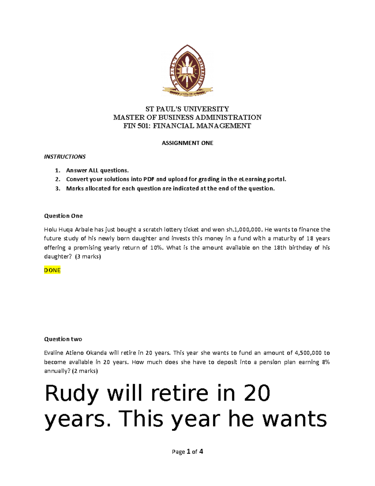 FIN 501-Financial Management Assignment One - A S O F G O D A N D H U ...