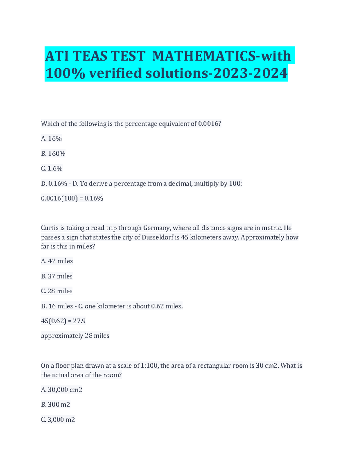 ATI TEAS TEST Mathematics-with 100% verified solutions-2023-2024 - ATI ...