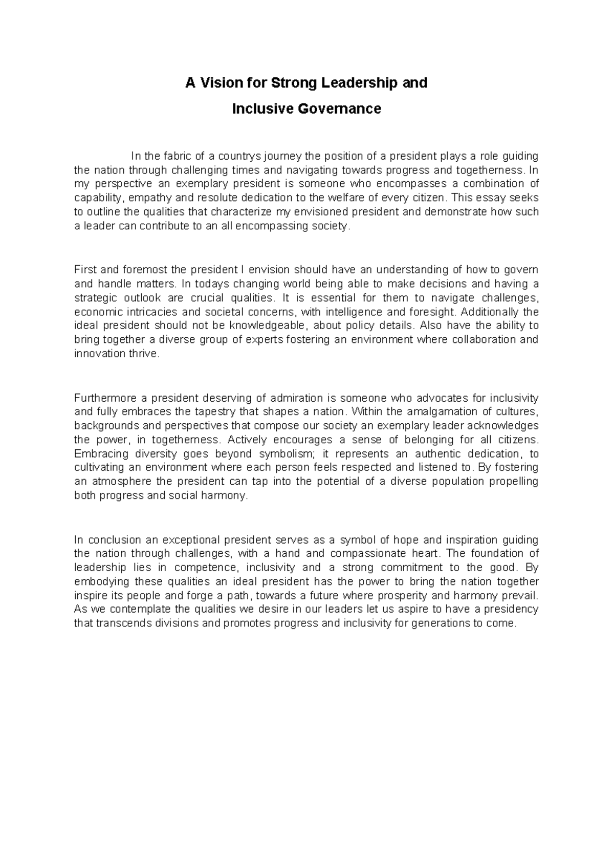 Free persuasive essay about your ideal President of the country - A ...