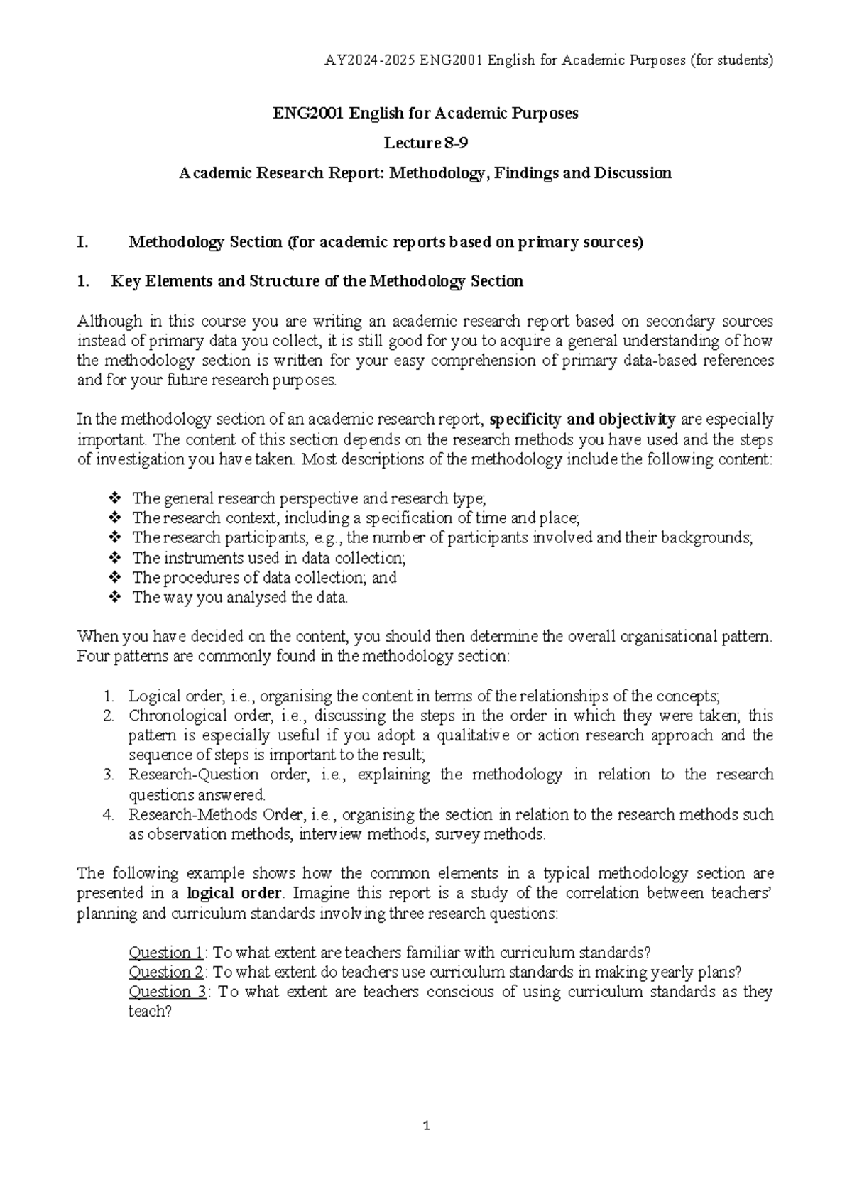 EAP Lecture 8-9 Academic Research Report Methodology, Findings and Discussion S Version ...