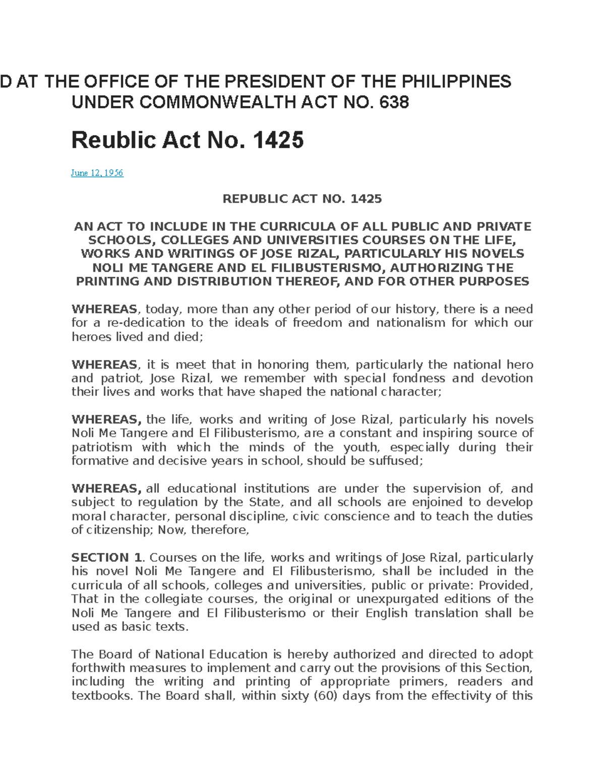 RA-1425 - Law about rizal works - OFFICE OF THE PRESIDENT OF THE ...