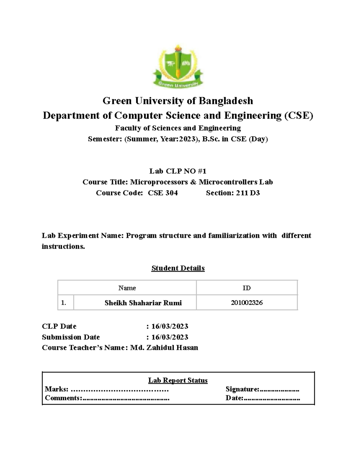 Lab task 1 Microprocessors Microcontrollers Lab - Green University of ...