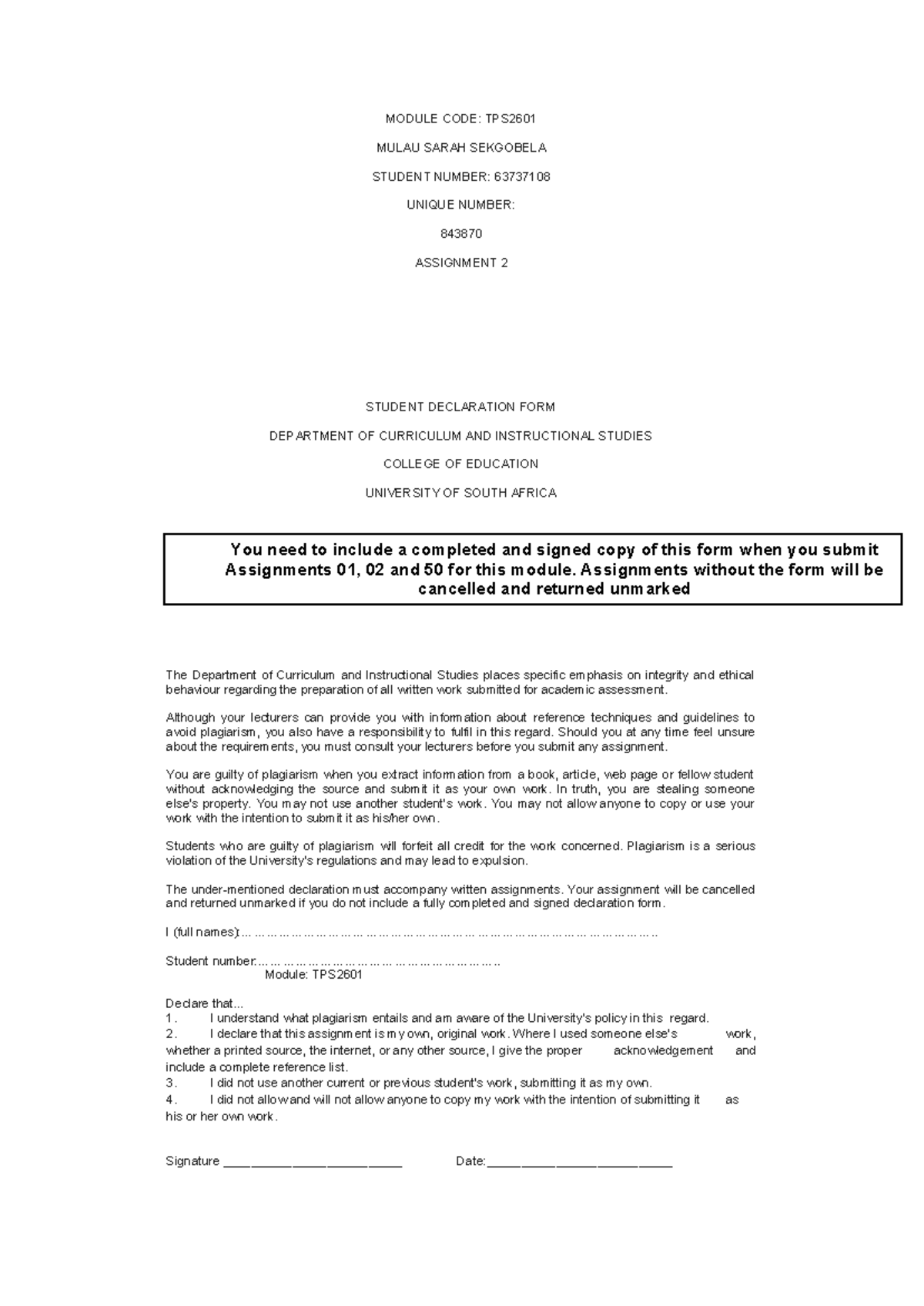 Tps - Tutorial - MODULE CODE: TPS MULAU SARAH SEKGOBELA STUDENT NUMBER ...