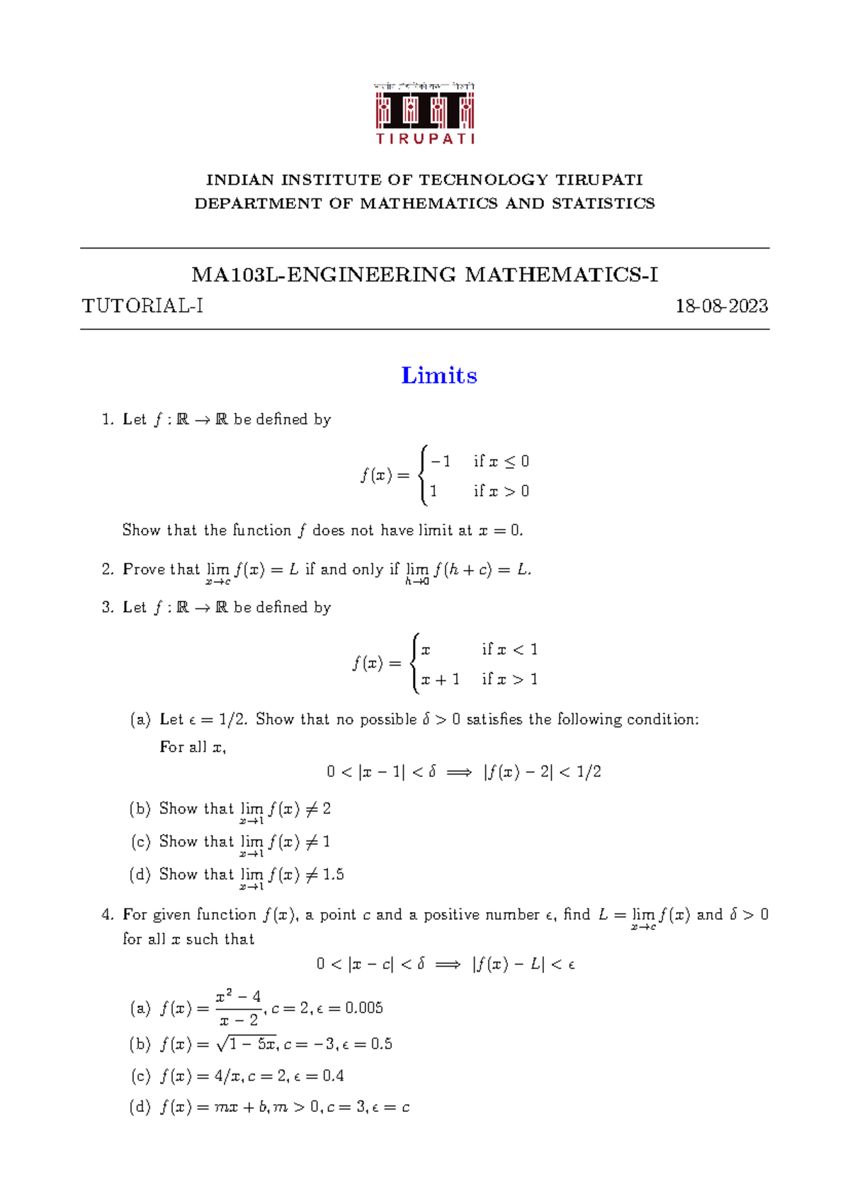 IIT Calculus worksheets - INDIAN INSTITUTE OF TECHNOLOGY TIRUPATI ...