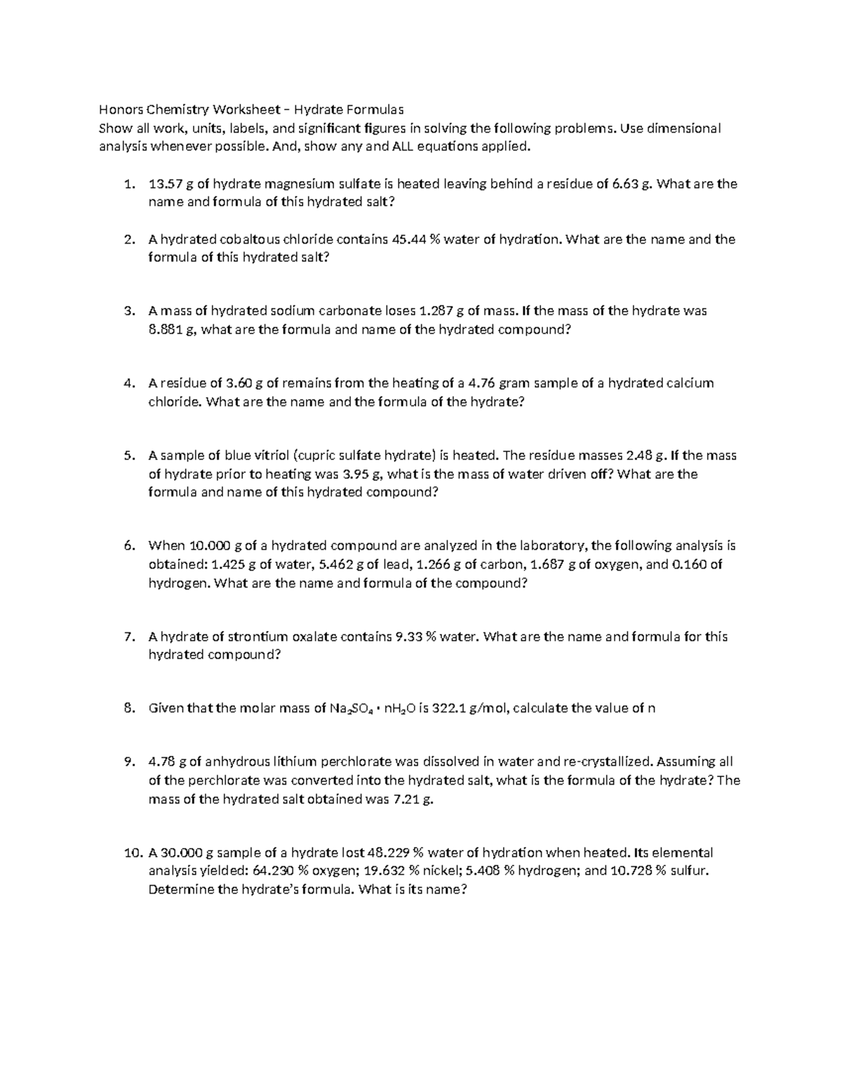 Honors Chemistry Wksht Hydrate Formula Calculation with Answers ...