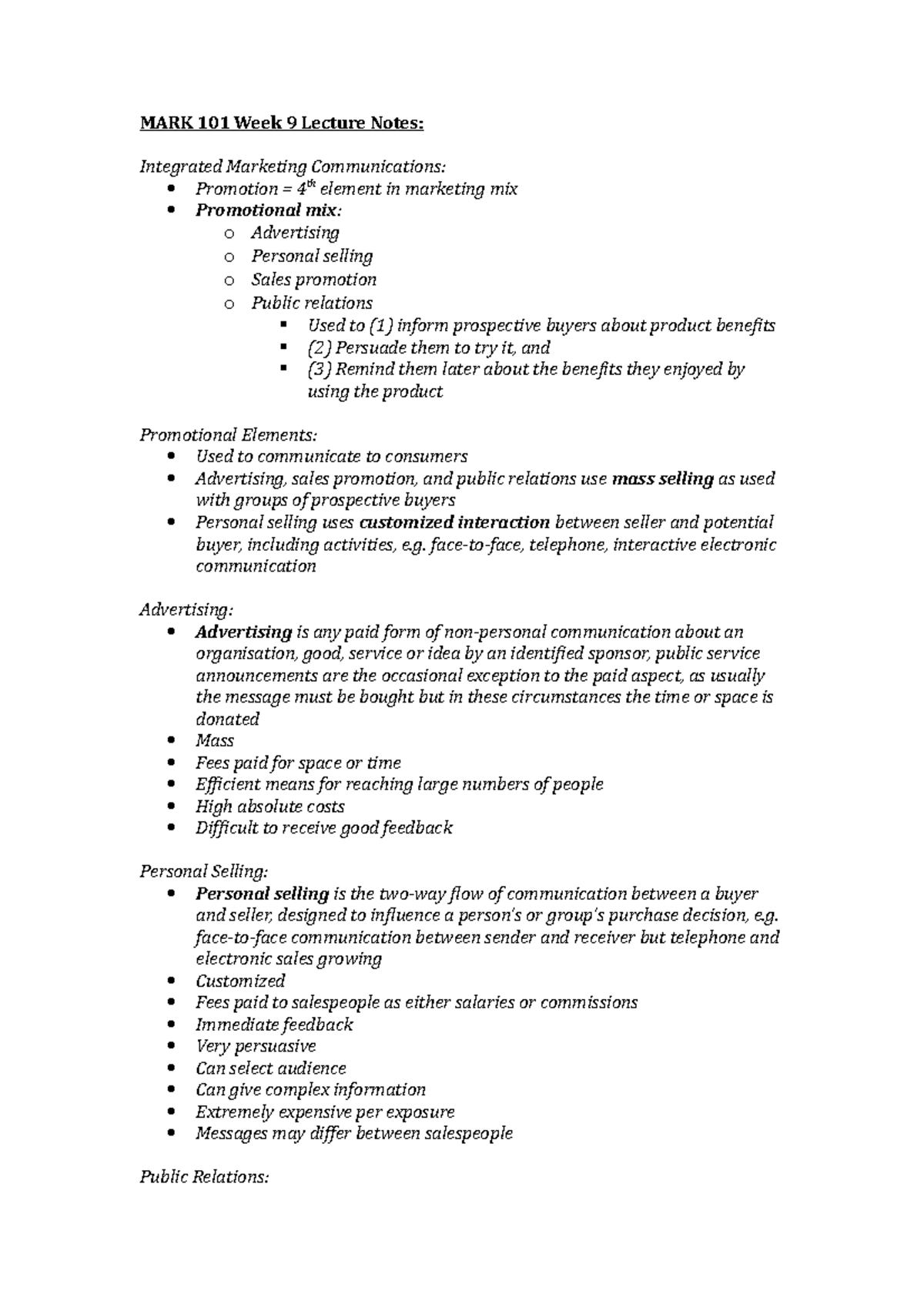 MARK 101 Week 9 Lecture Notes - MARK 101 Week 9 Lecture Notes ...