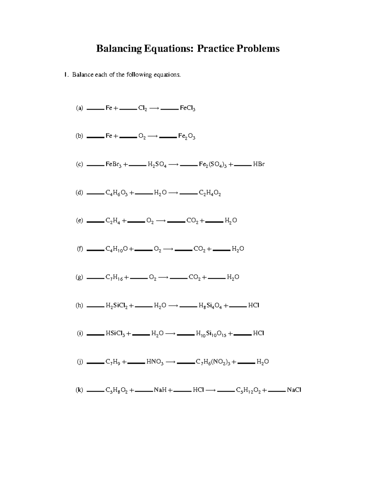 Practice Questions Of Balancing Chemical Equations Balancing