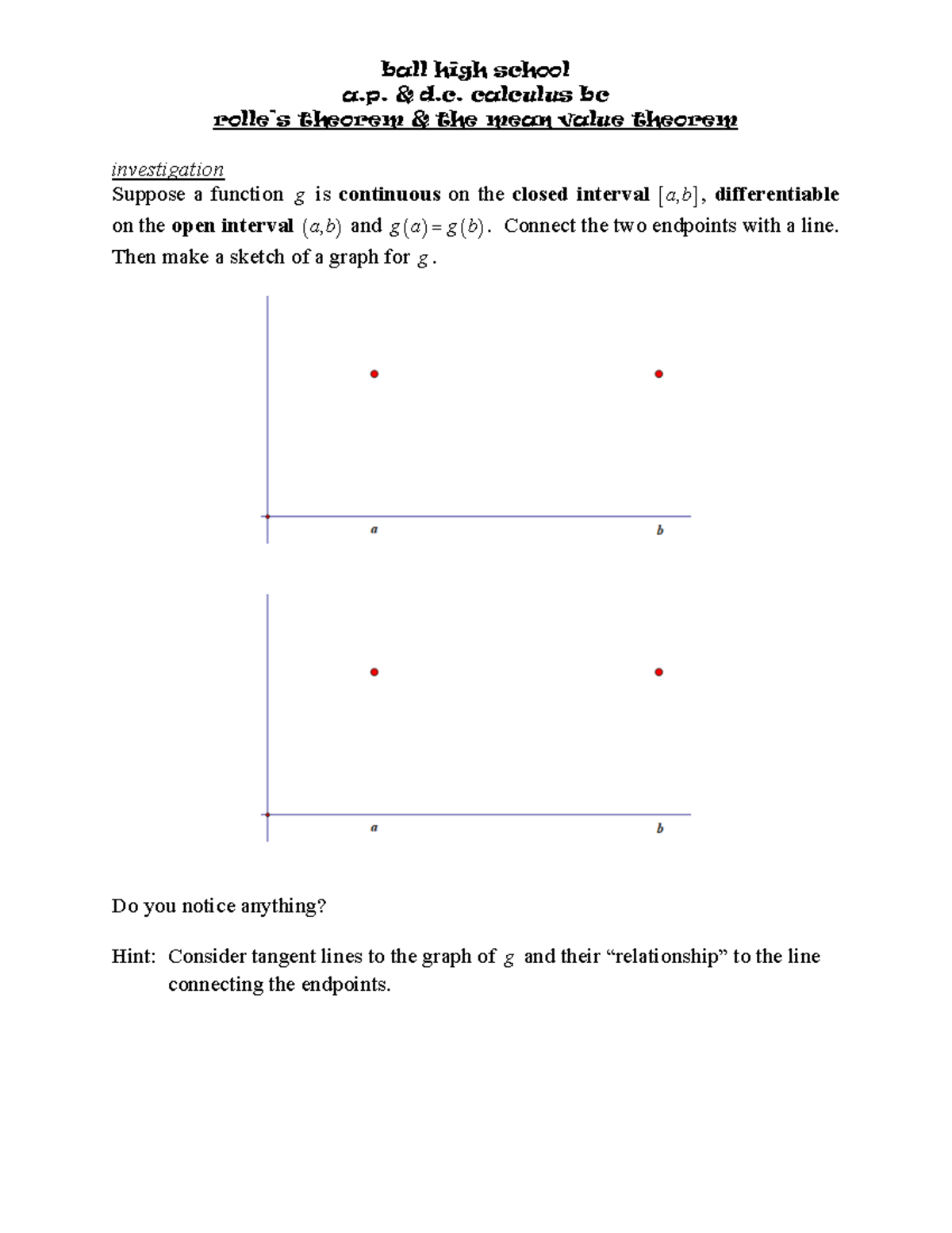 MVT - Subject- mean value theorem. Lecture and homework notes. - ball ...