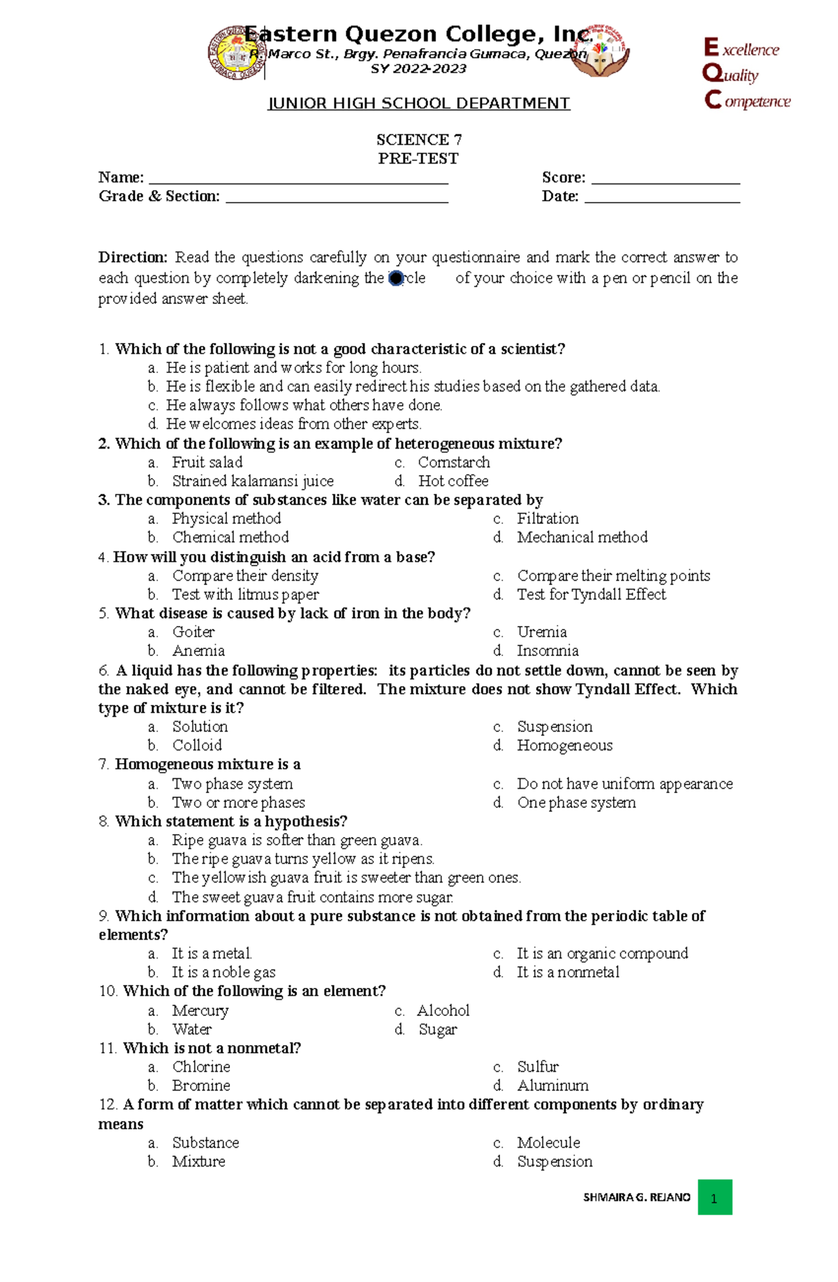 Science 7 Pretest - SCIENCE 7 PRE-TEST Name: Score: Grade & Section ...