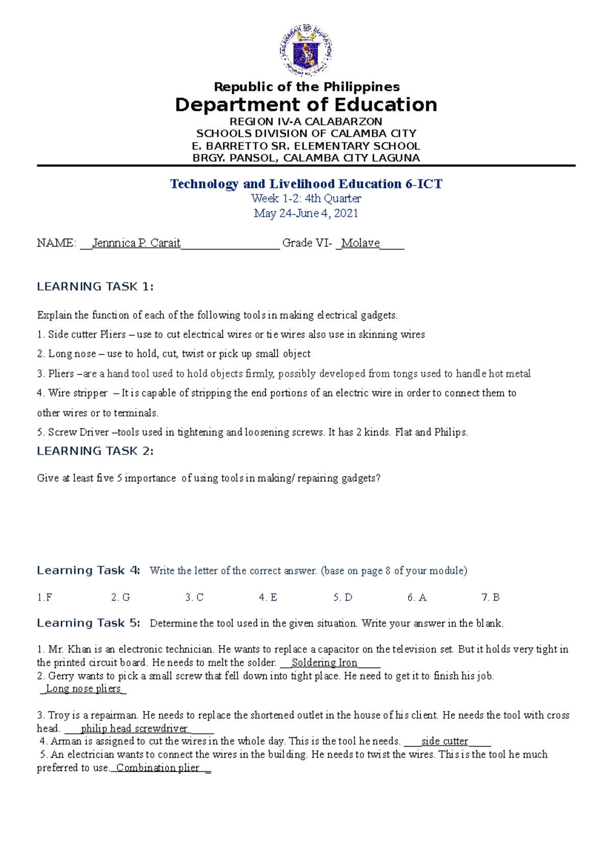 TLE Q4 W1 2 Carait - sdf - Republic of the Philippines Department of ...