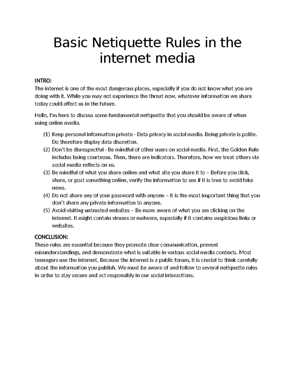 E-TECH Rules OF Netiquette ( Script) GR11 - Basic Netiquette Rules in the internet media INTRO ...