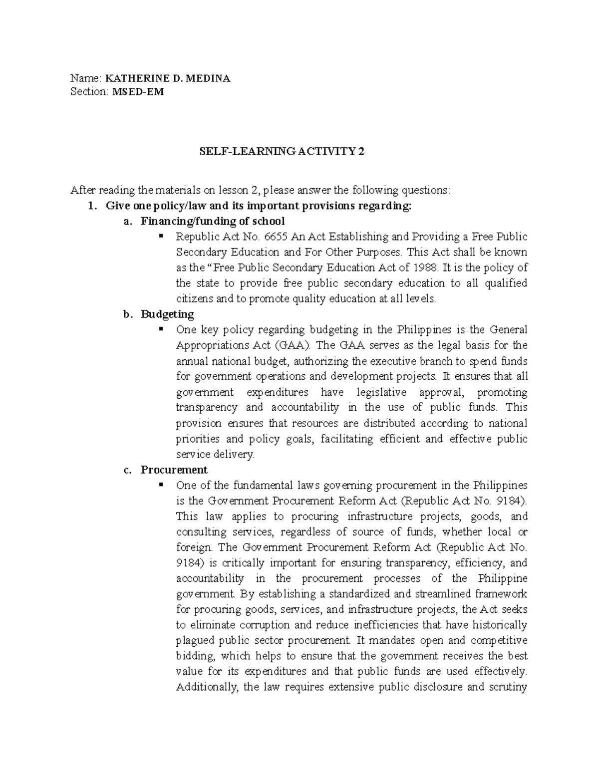 SELF Learning Activity 2 - Name: KATHERINE D. MEDINA Section: MSED-EM ...
