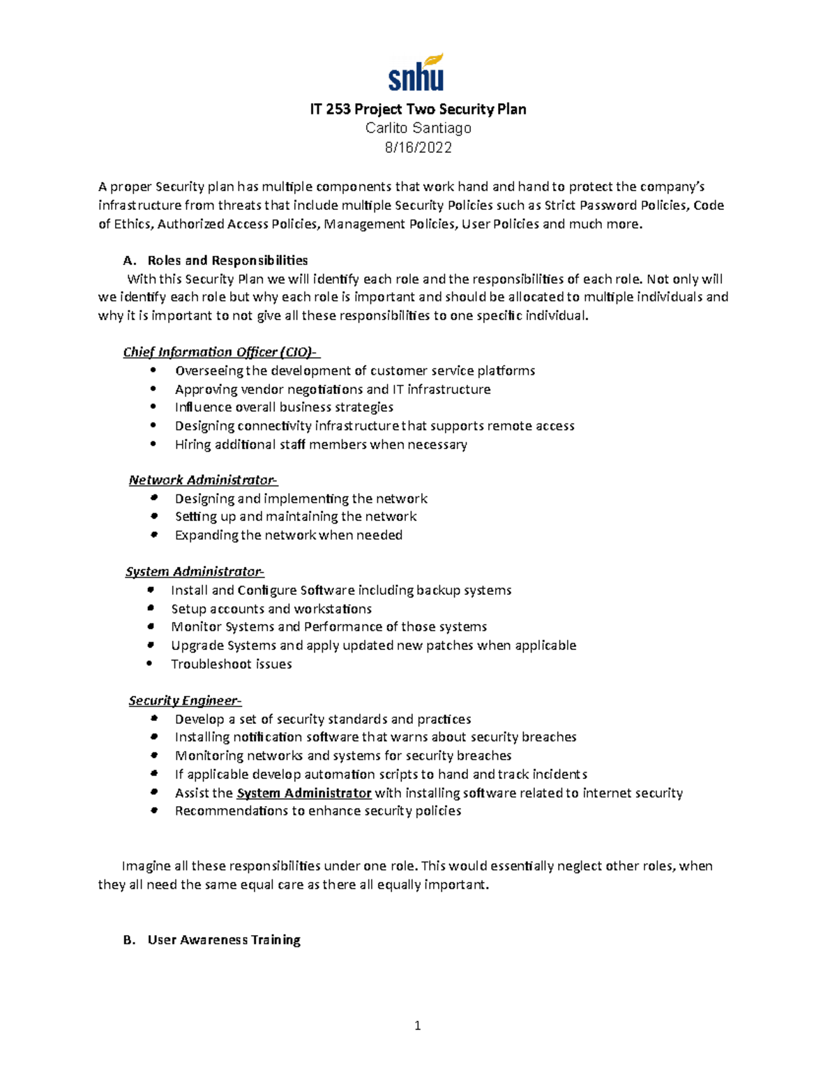 IT 253 Project Two Security Plan A Roles And Responsibilities With it-253-project-two-security-plan-a-roles-and-responsibilities-with