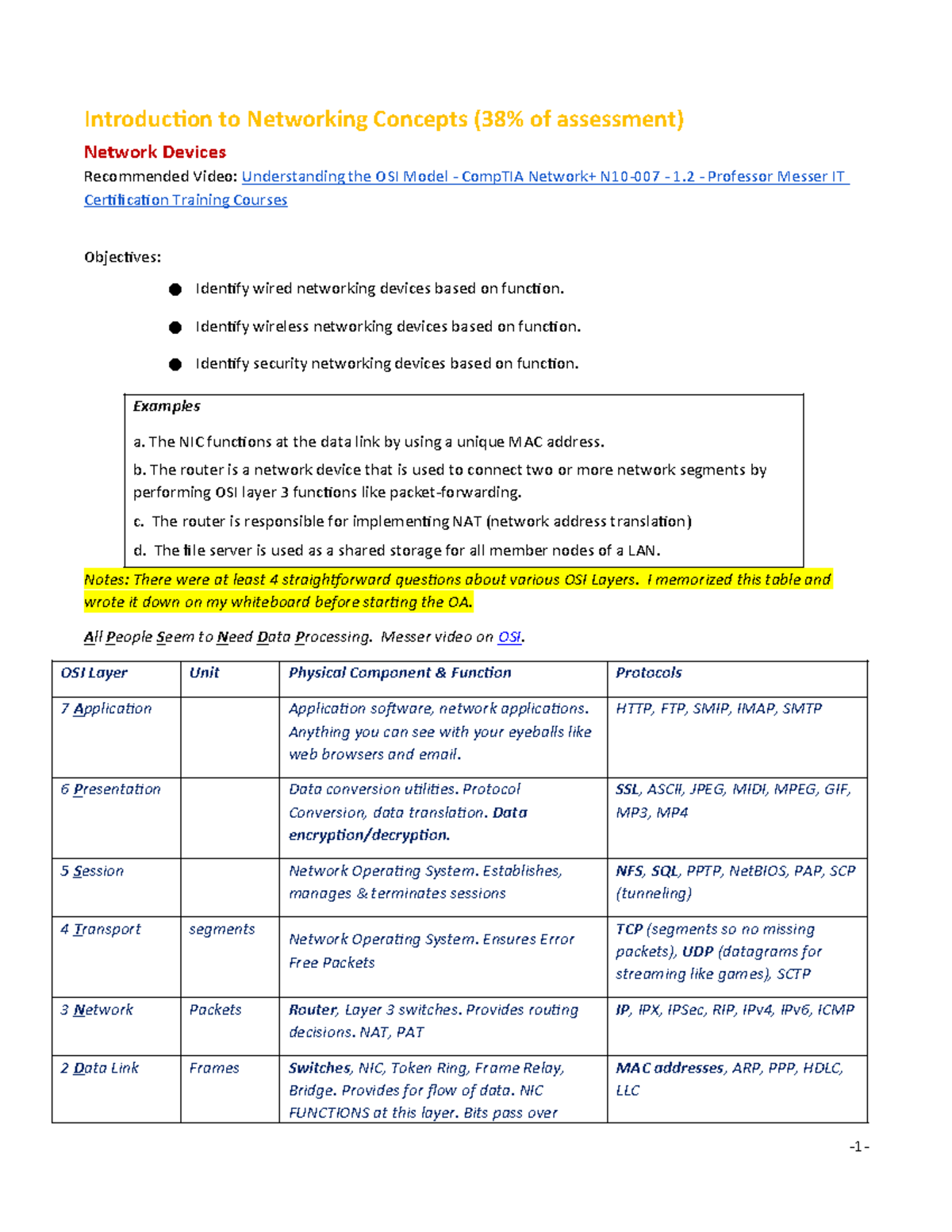 Lecture notes for class progress 1 - Introduction to Networking ...