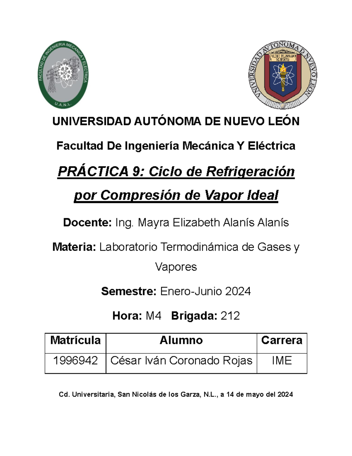 Practica 9 lab tgv - Termodinámica De Gases Y Vapores Y Laboratorio - UNIVERSIDAD AUTÓNOMA DE ...