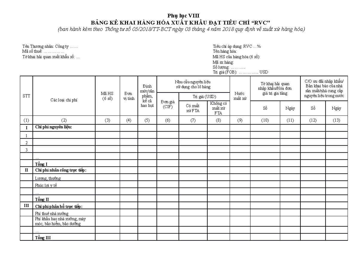 Bang ke khai hang hoa xuat khau dat tieu chi rvc 4812 - Phụ lục VIII BẢNG KÊ KHAI HÀNG HÓA XUẤT ...