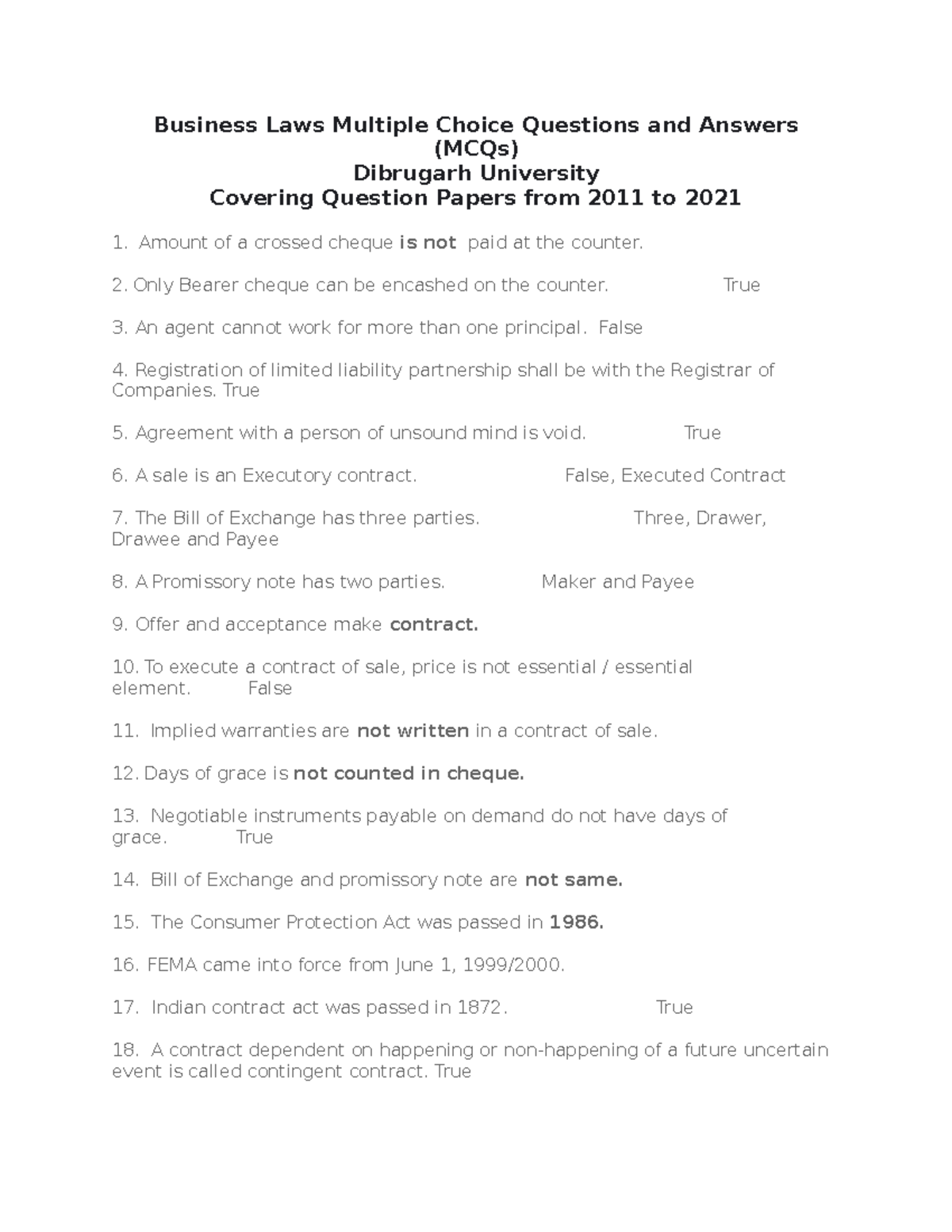 Business Laws Multiple Choice Questions and Answers - Business Laws ...