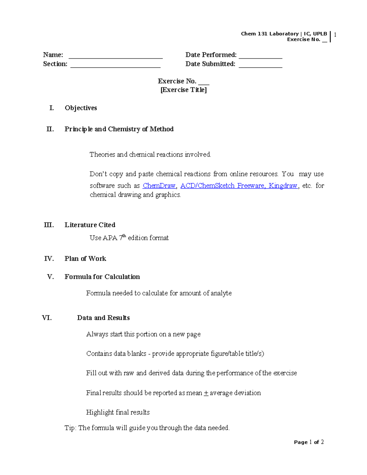 CHEM 131 Prelab Report Template - Chem 131 Laboratory | IC, UPLB ...