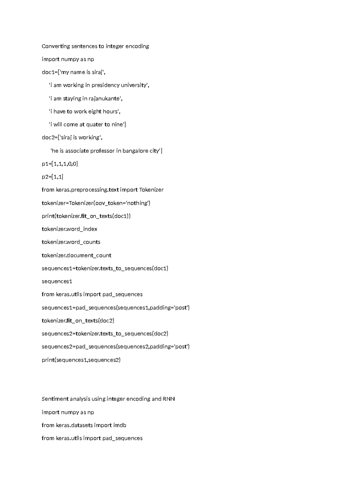 Rnn Program Deep Learning Converting Sentences To Integer Encoding Import Numpy As Np Doc1