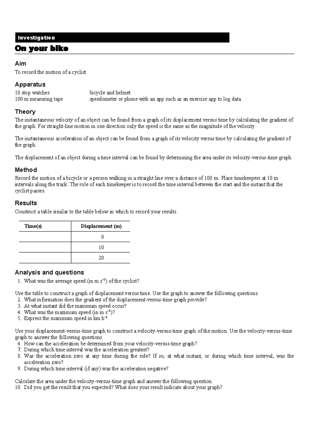 4 FHI on your bike - Engineering - Investigation On your bike Aim To ...