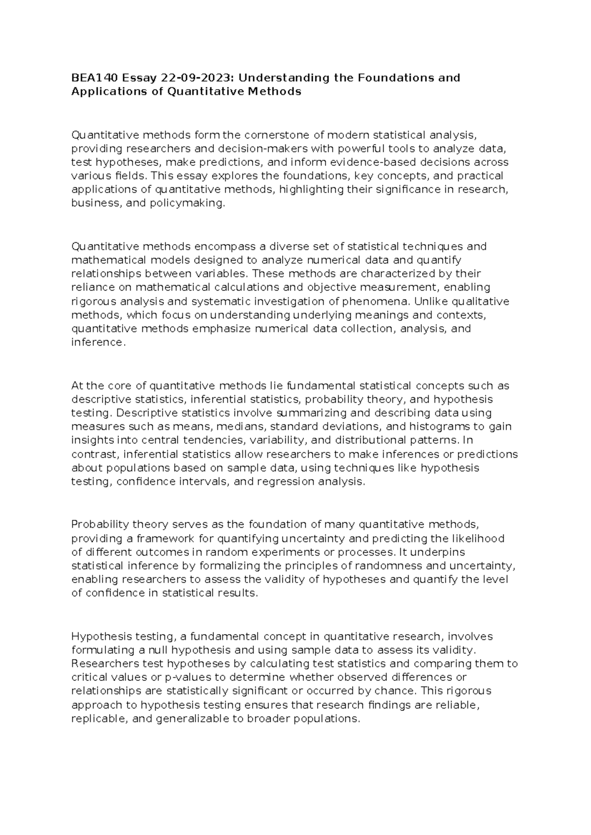 BEA140 - Essay Major - BEA140 Essay 22-09-2023: Understanding the Foundations and Applications ...