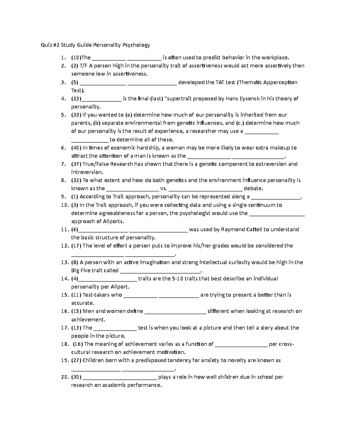 Quiz 2 Study Guide - Quiz #2 Study Guide Personality Psychology (10)The