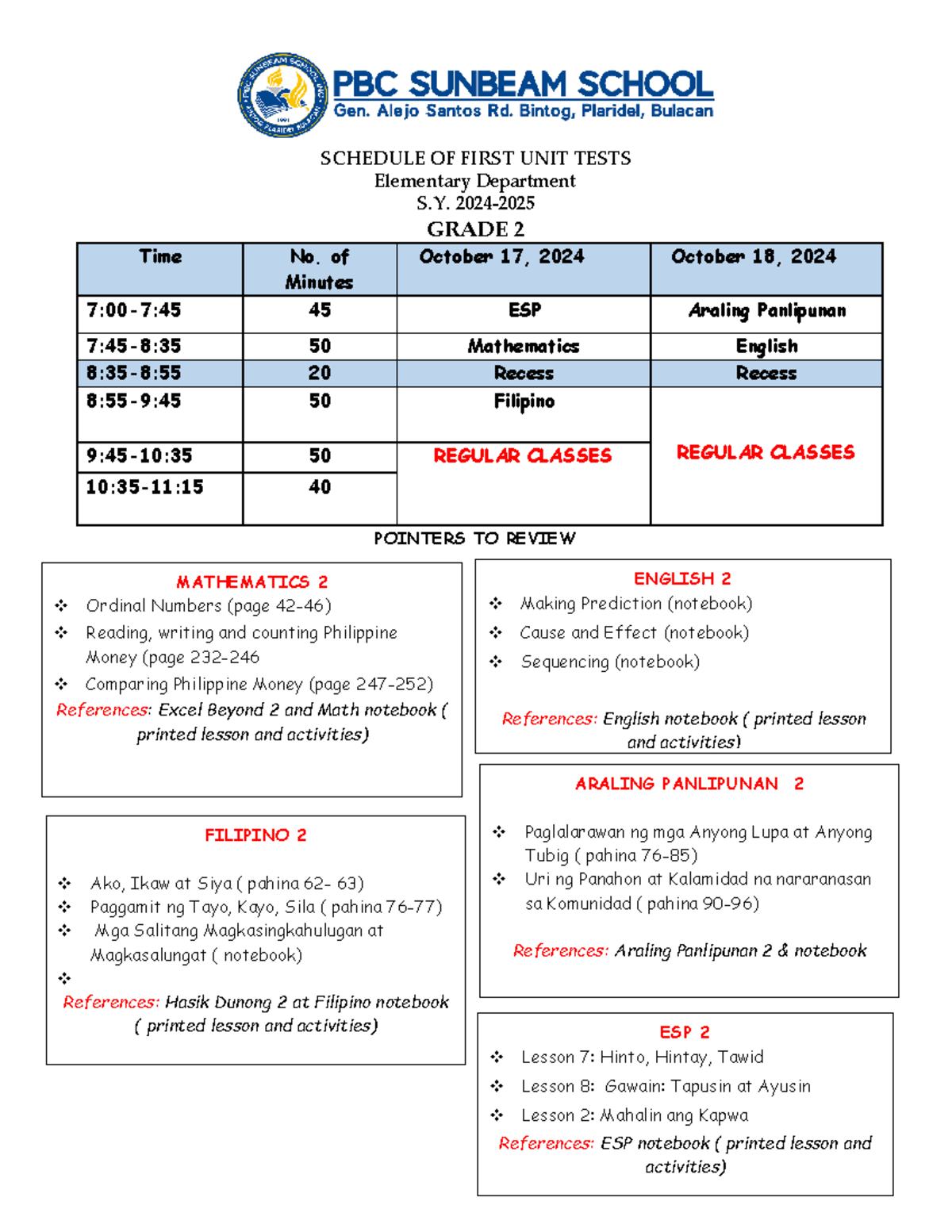 Q2-PTR-UT- Schedule- Grade-2 - SCHEDULE OF FIRST UNIT TESTS Elementary ...