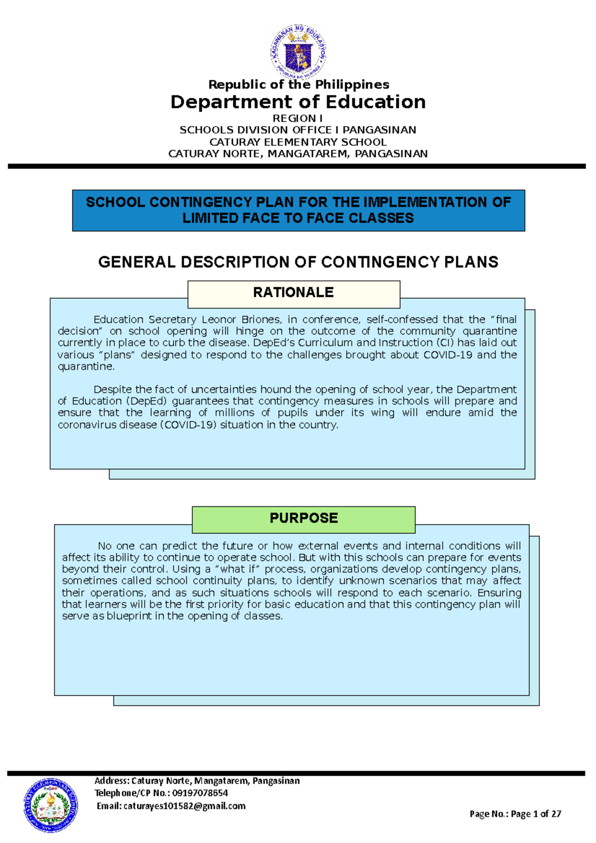 PIS- Contingency-Plan - Department of Education REGION I SCHOOLS ...