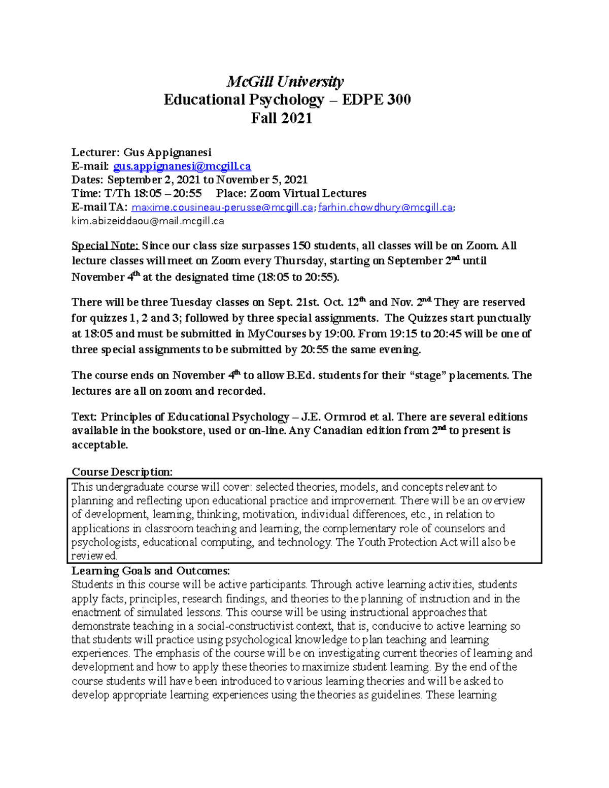 EDPE 300 Outline F21 - Edpe 600 - McGill - StuDocu