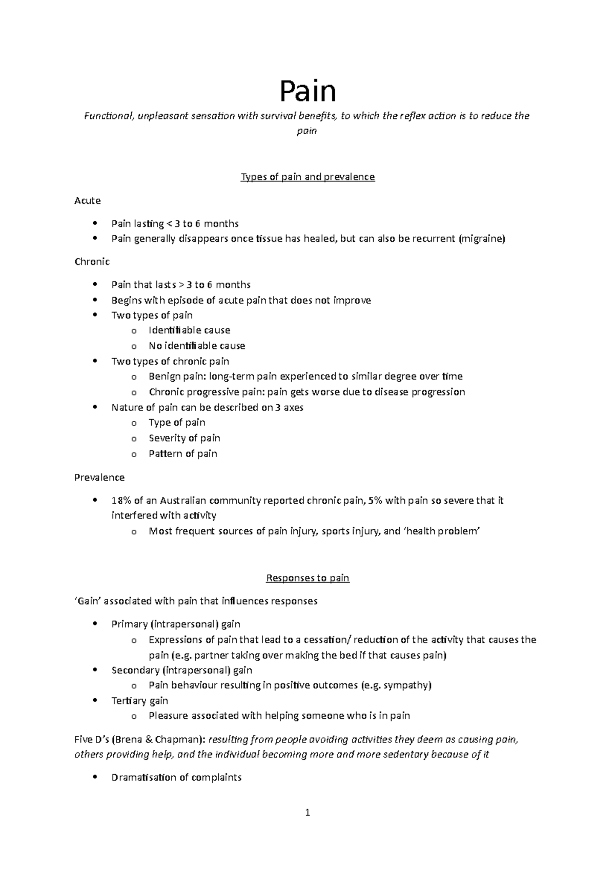 16 - Pain - pain notes - Pain Functional, unpleasant sensation with ...