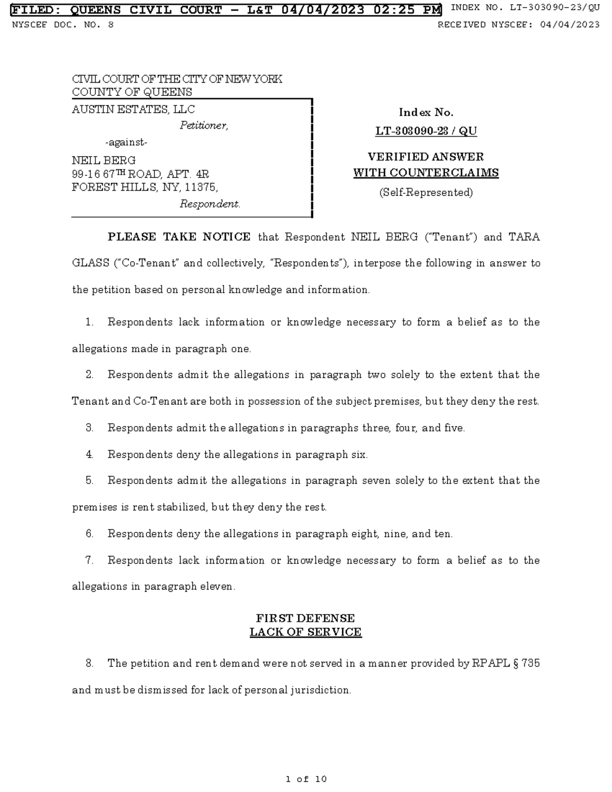 Answer with Counterclaims (Self-Represented) - CIVIL COURT OF THE CITY OF NEW YORK COUNTY OF ...