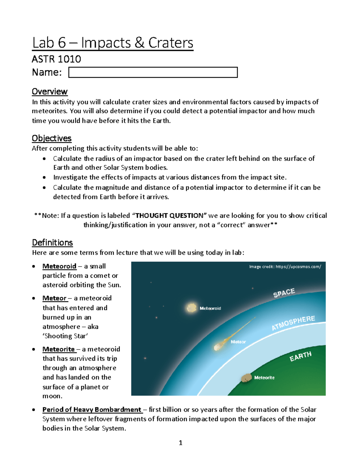 1010 Lab 8 Impacts Craters - Lab 6 – Impacts & Craters ASTR 1010 Name ...