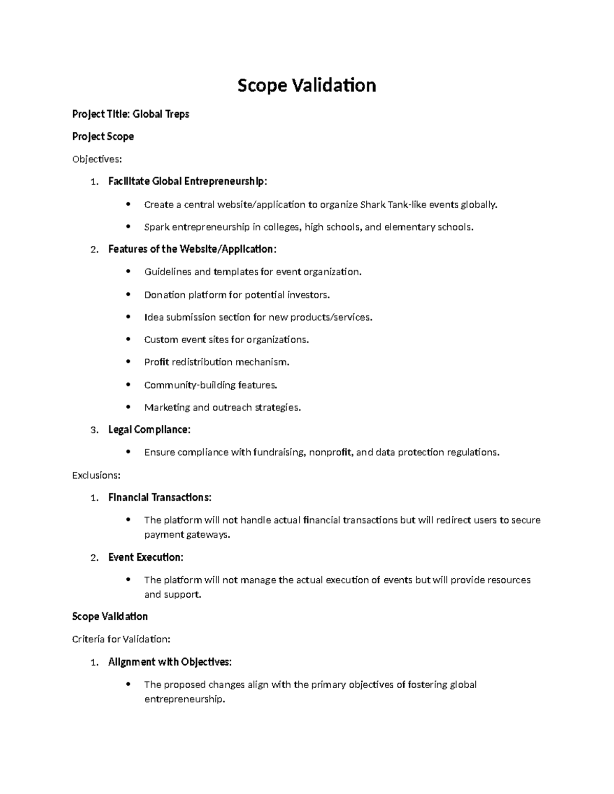 Scope and change control - Scope Validation Project Title: Global Treps ...