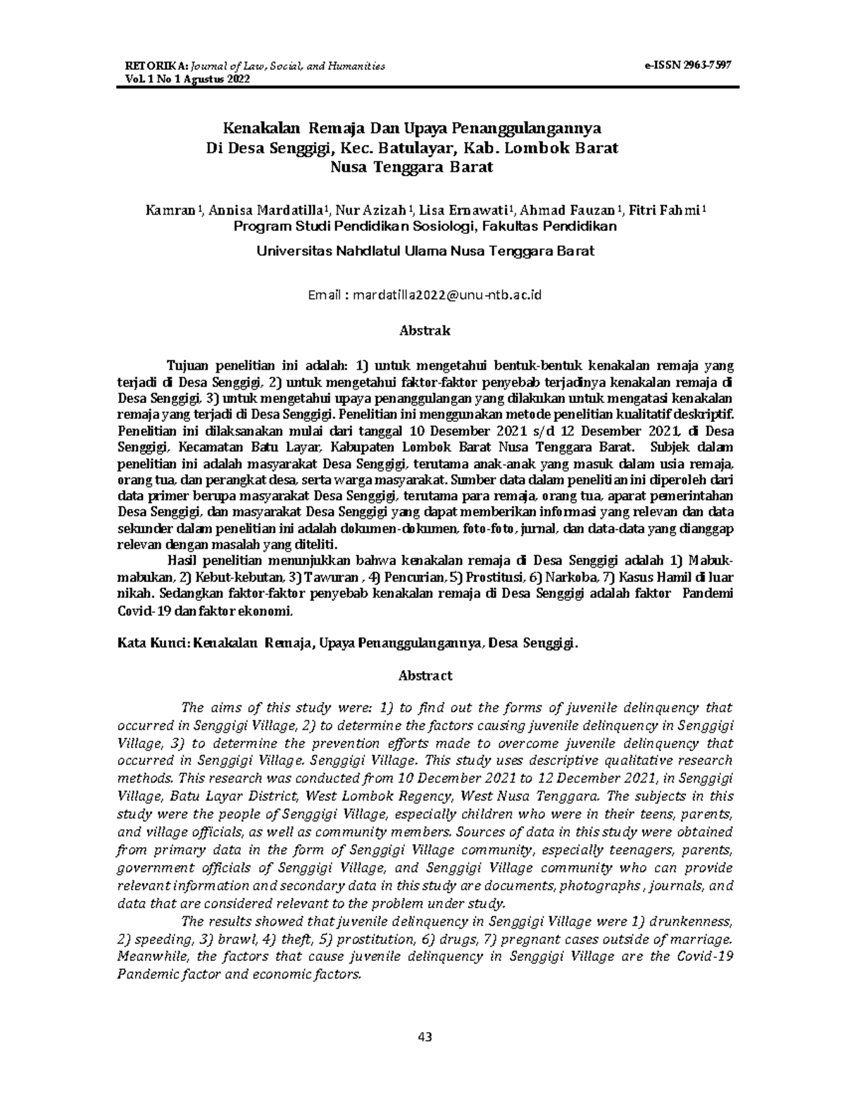 215-Article Text-635-2-10-20221231 - RETORIKA: Vol. 1 No 1 Agustus 2022 Journal of Law, Social ...