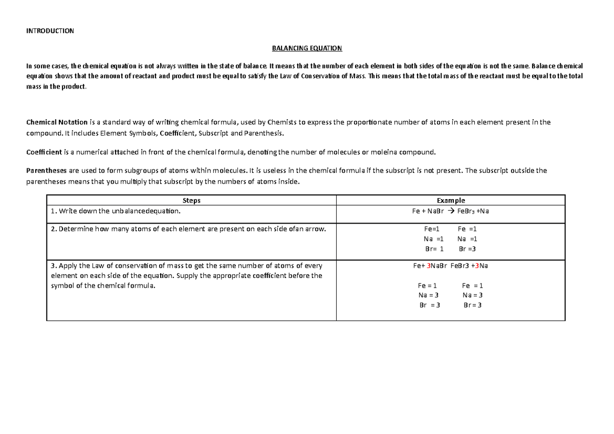 Notes Balancing Equation - INTRODUCTION BALANCING EQUATION In some ...