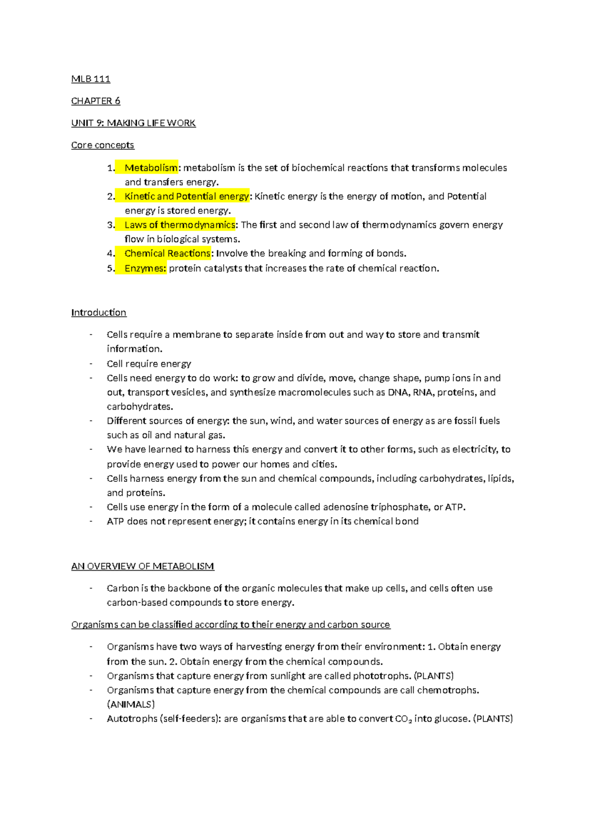 MLB 111 Uinit 9 - Summary Molecular and cell biology - MLB 111 CHAPTER ...