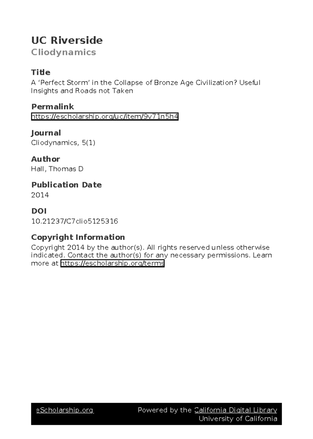 Collapse of the Bronze Age - UC Riverside Cliodynamics Title A ‘Perfect ...