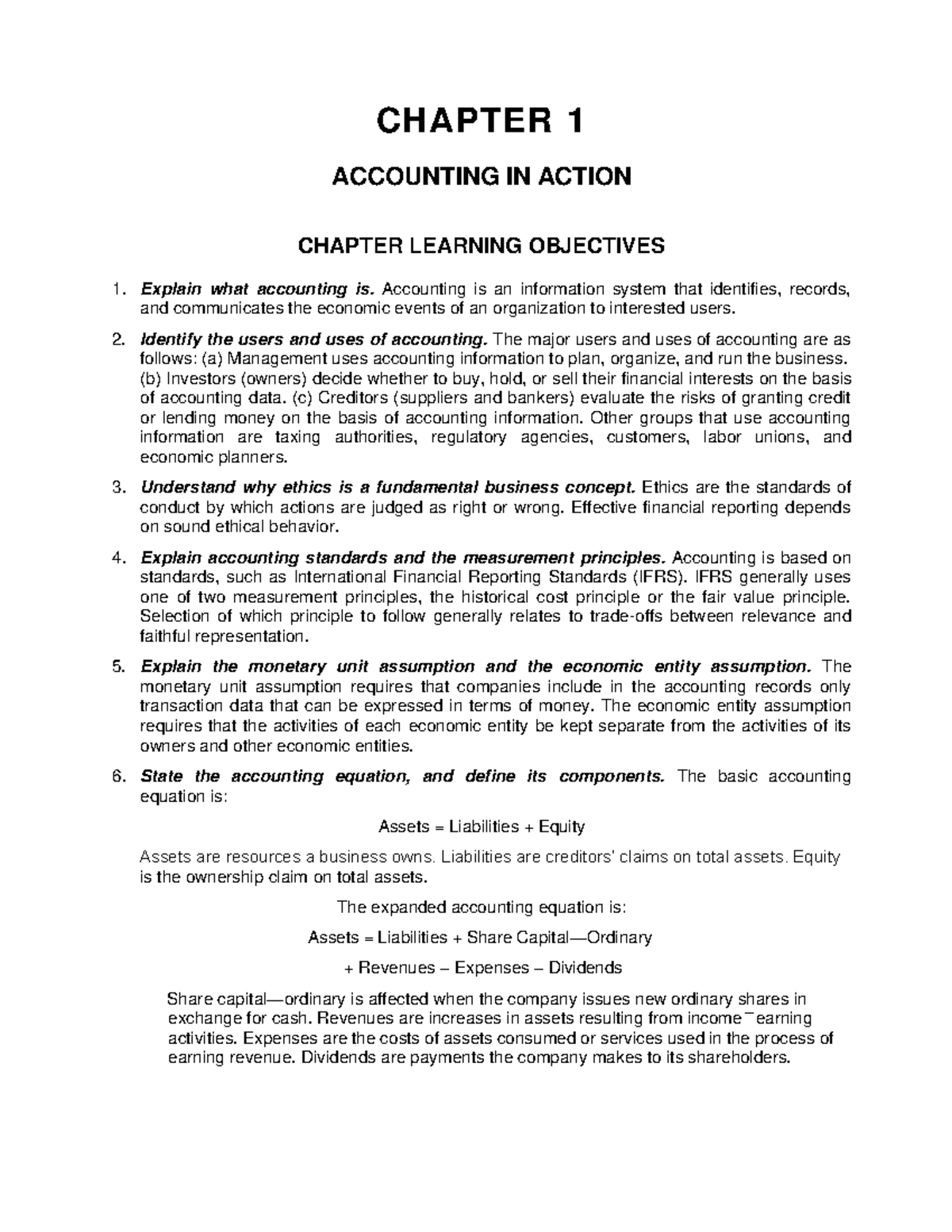 CH01 IFRS3e - CHAPTER 1 - CHAPTER 1 ACCOUNTING IN ACTION CHAPTER LEARNING OBJECTIVES 1. Explain ...