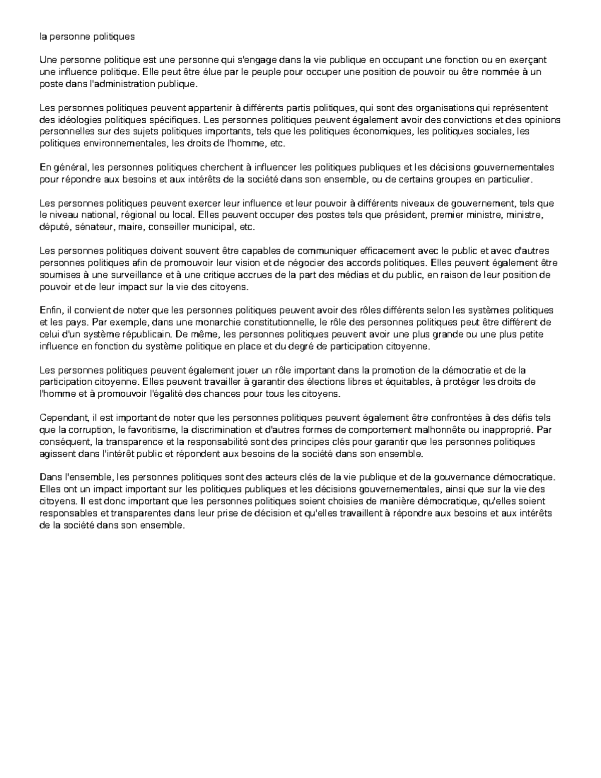 La personne politiques - la personne politiques Une personne politique ...