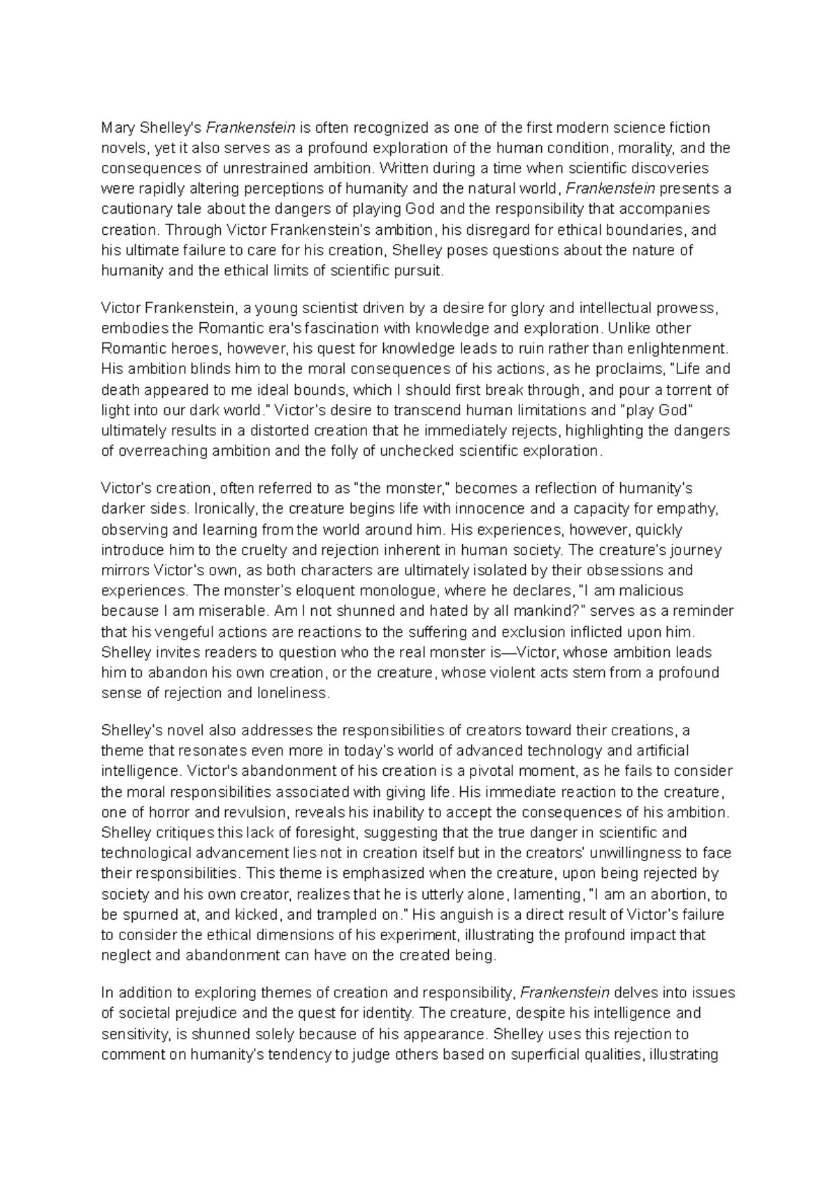 Essay ON Frankenstein YR 12 - Mary Shelley's Frankenstein is often ...