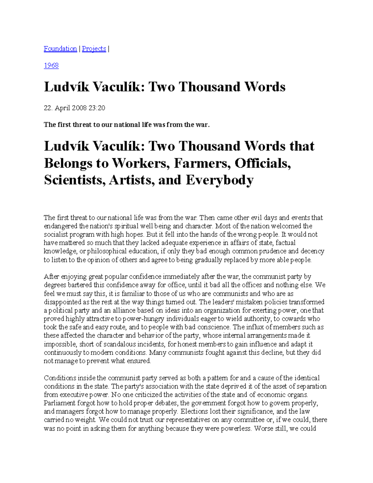 2000 Words Vaculik 1968 - Foundation | Projects | 1968 Ludvík Vaculík ...
