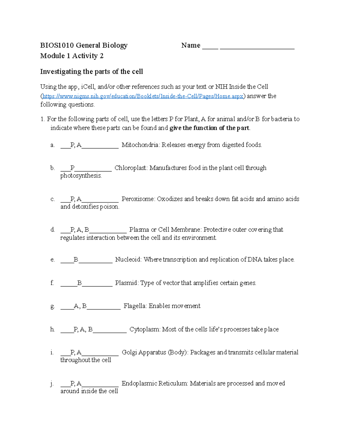 Module 1 Activity 2 Investigating the Parts of the Cell - BIOS1010 ...
