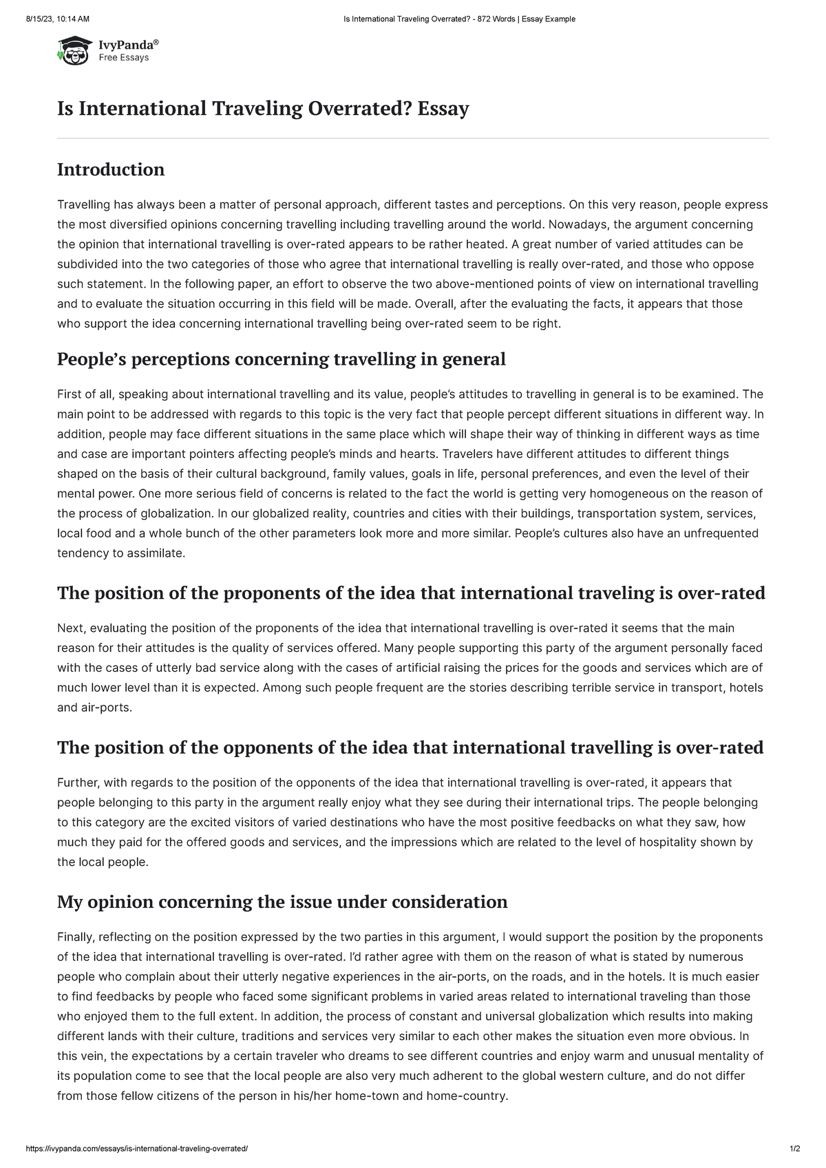 Is International Traveling Overrated - 872 Words Essay Example - 8/15 ...