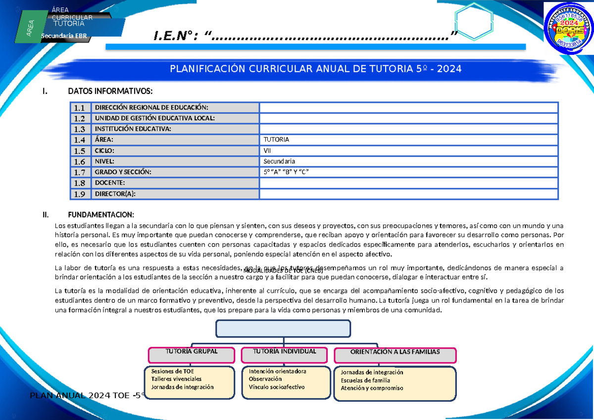 PLAN Anual Tutoria 5° SEC-2024-1 - TUTORIA AREA Secundaria EBR ÁREA CURRICULAR 5° I.E°: - Studocu